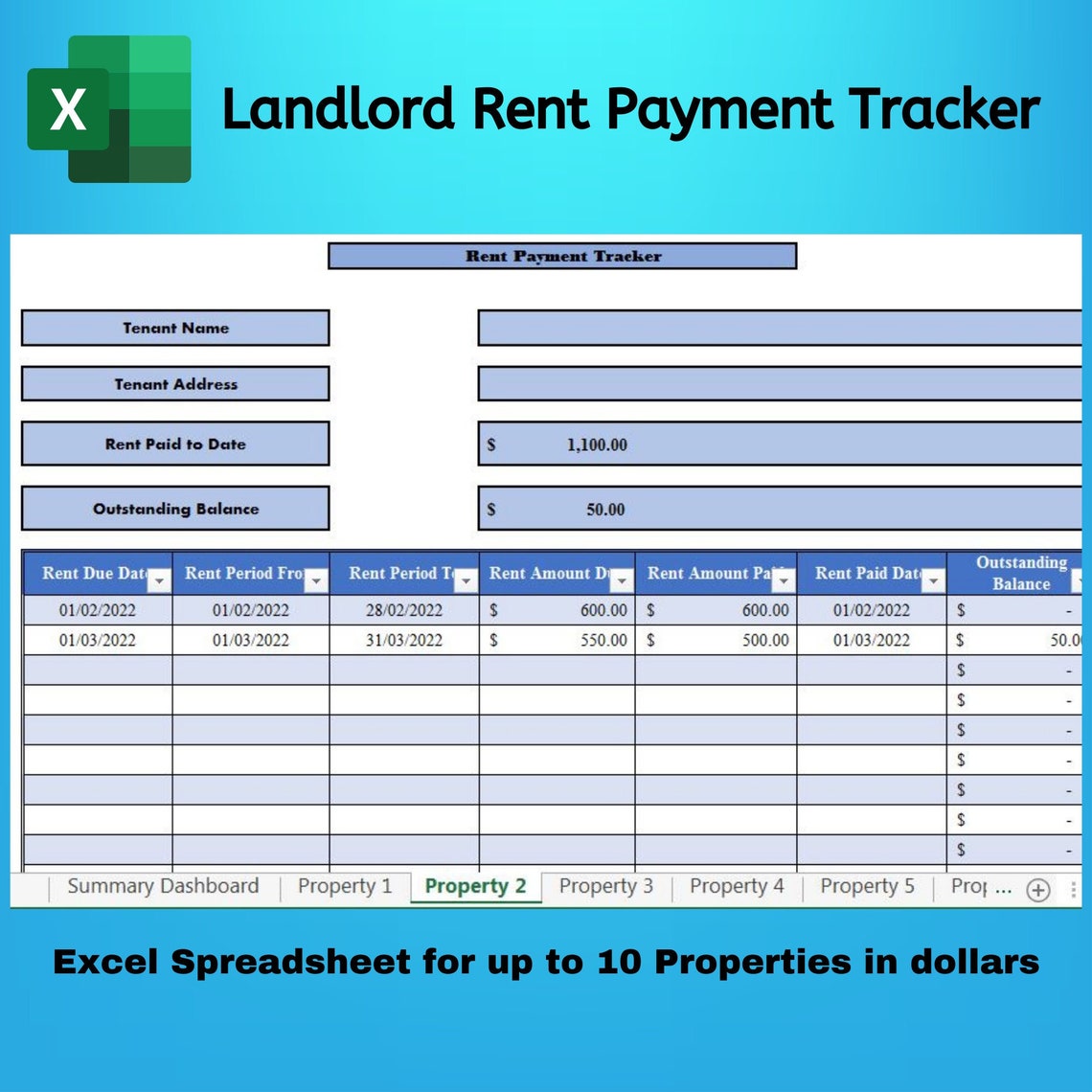 Rent Payment Tracker in Excel, Rental Property Ledger for up to 10 ...