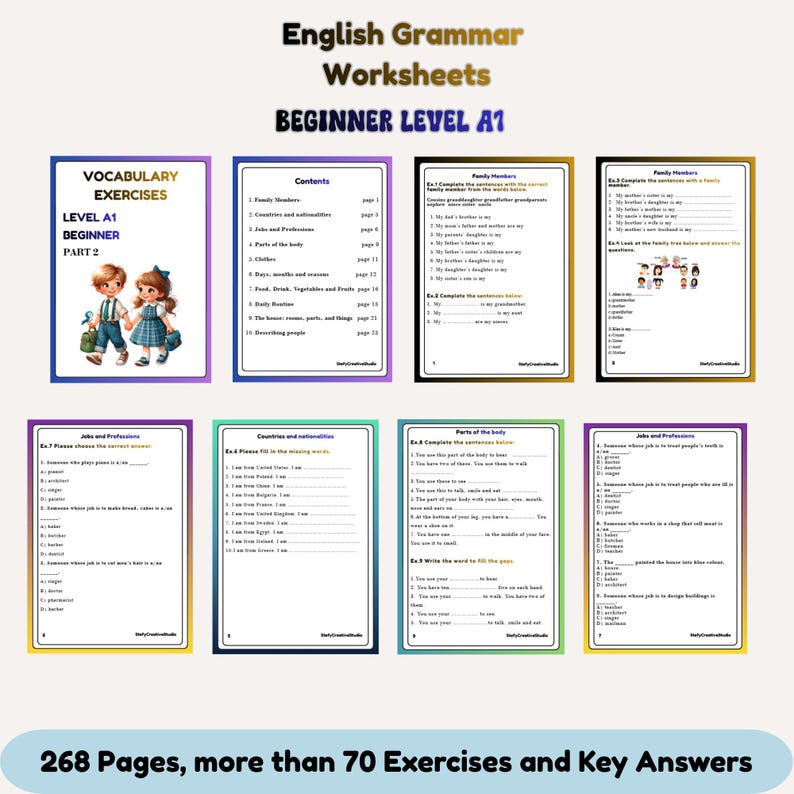 English Grammar Worksheet Bundle Level A1, English Grammar Workbook for ...