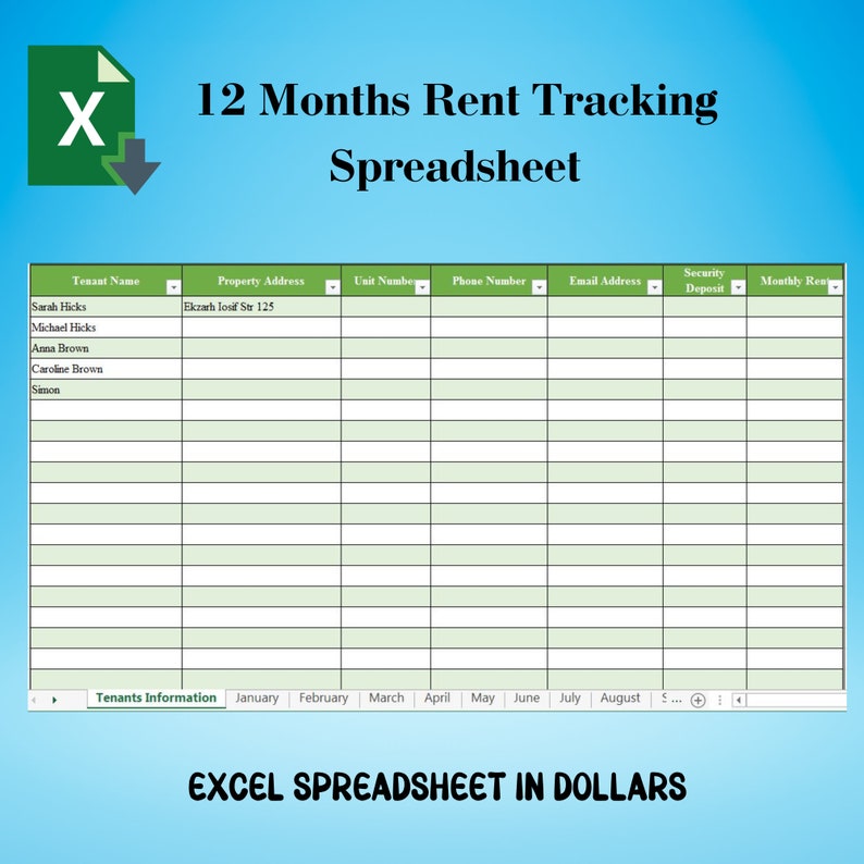 12 Months Rent Payment Ledger, Rental Property Spreadsheet, Landlord ...