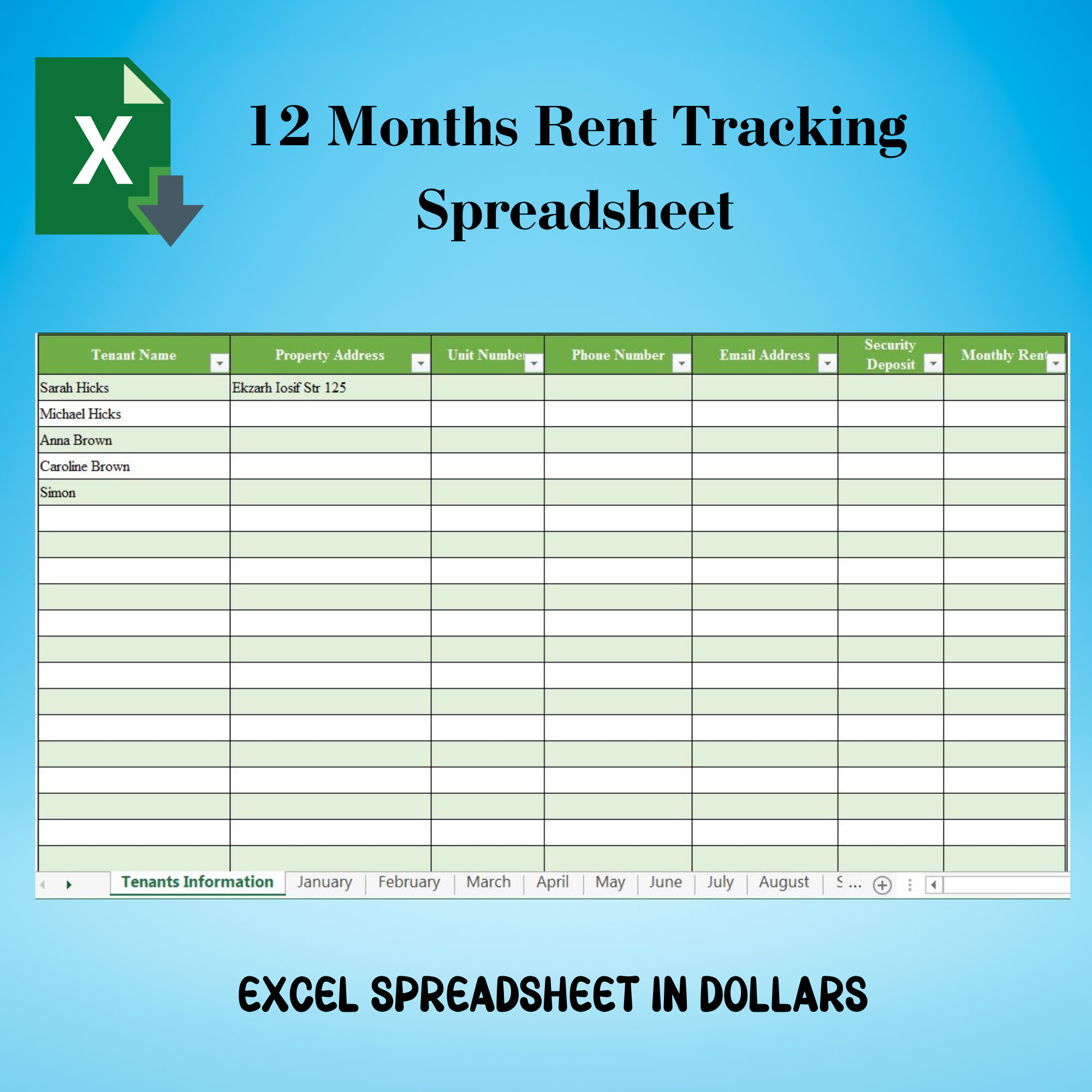 12 Months Rent Payment Ledger, Rental Property Spreadsheet, Landlord ...