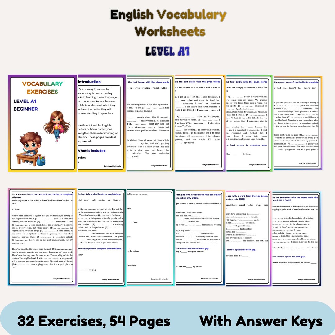 English Vocabulary Worksheets Level A1, English Vocabulary Exercises ...