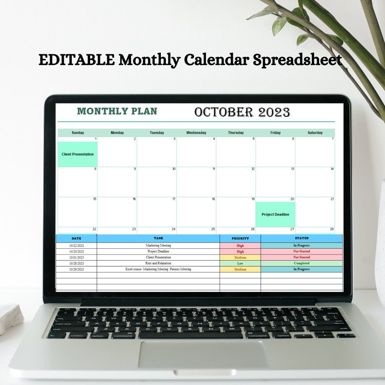 EDITABLE Monthly Calendar Spreadsheet, Excel Calendar Planner, Monthly ...