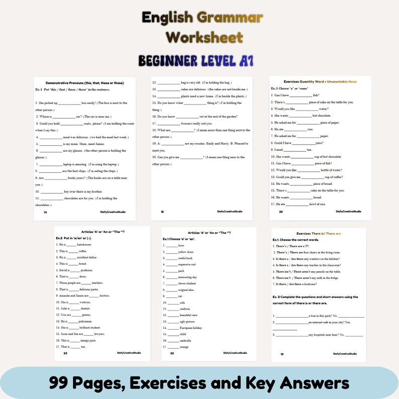English Grammar Worksheets Level A1, English Grammar Activity Book, ESL ...