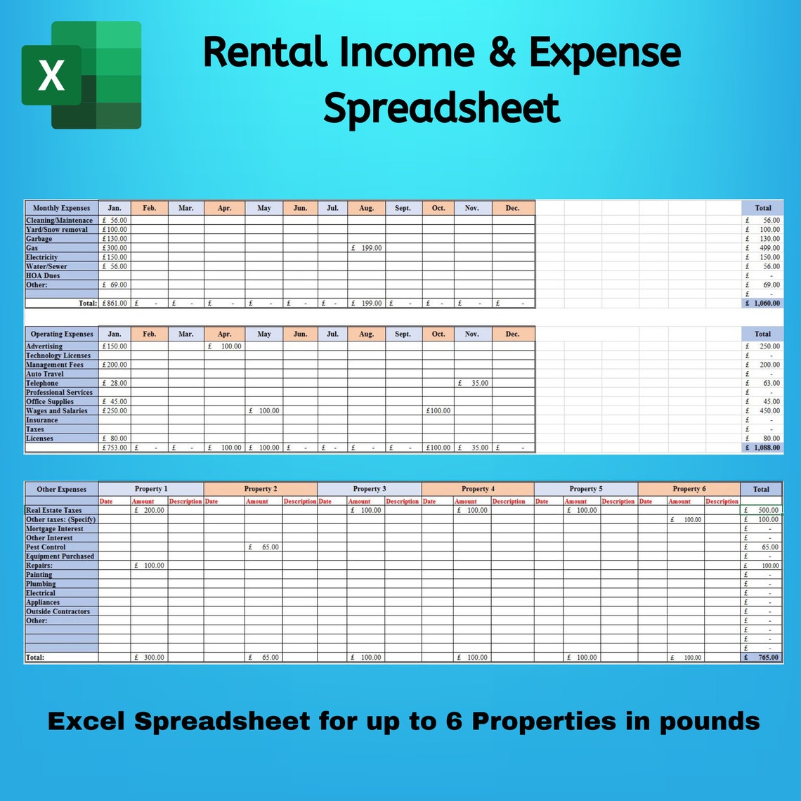 Rental Property Spreadsheet for UP to 6 Properties, Rental Income and ...