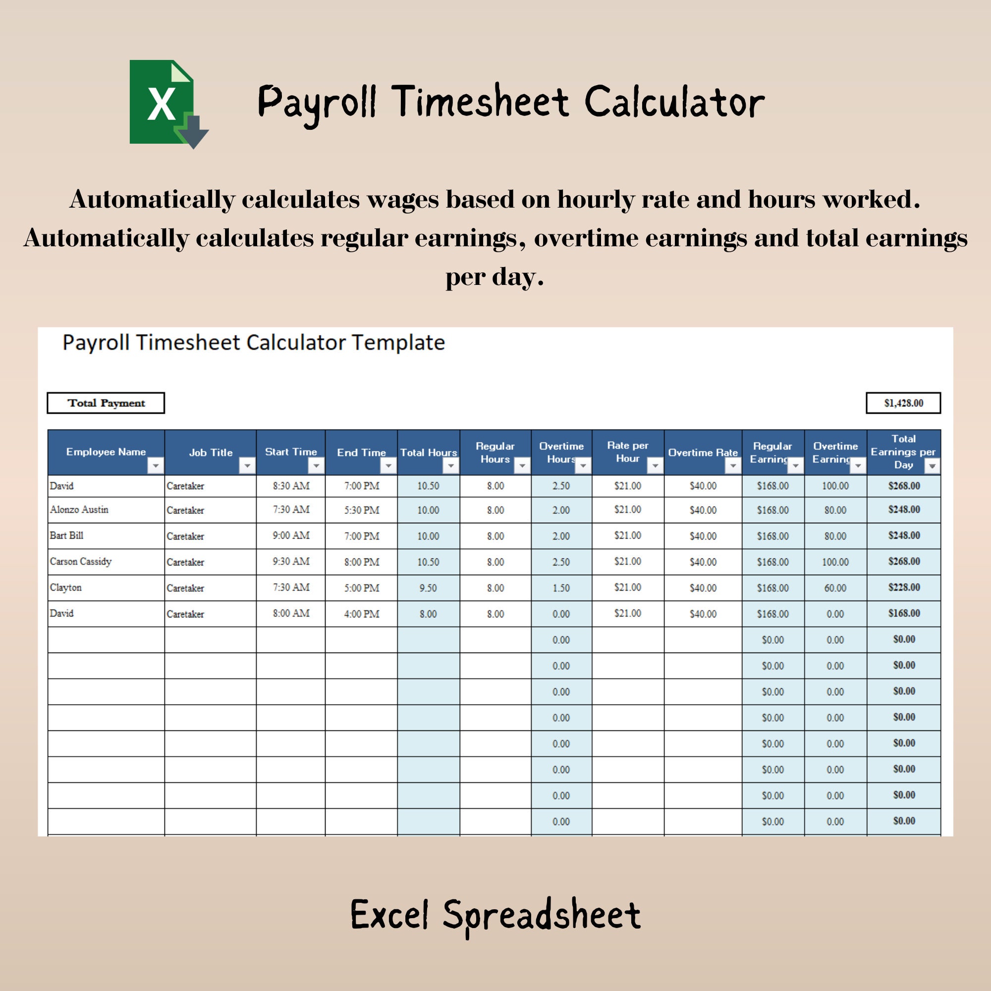Employee Payroll Calculator Payroll Timesheet Calculator Payroll Tracker Excel Employee Payroll Records Salary Tracker Etsy