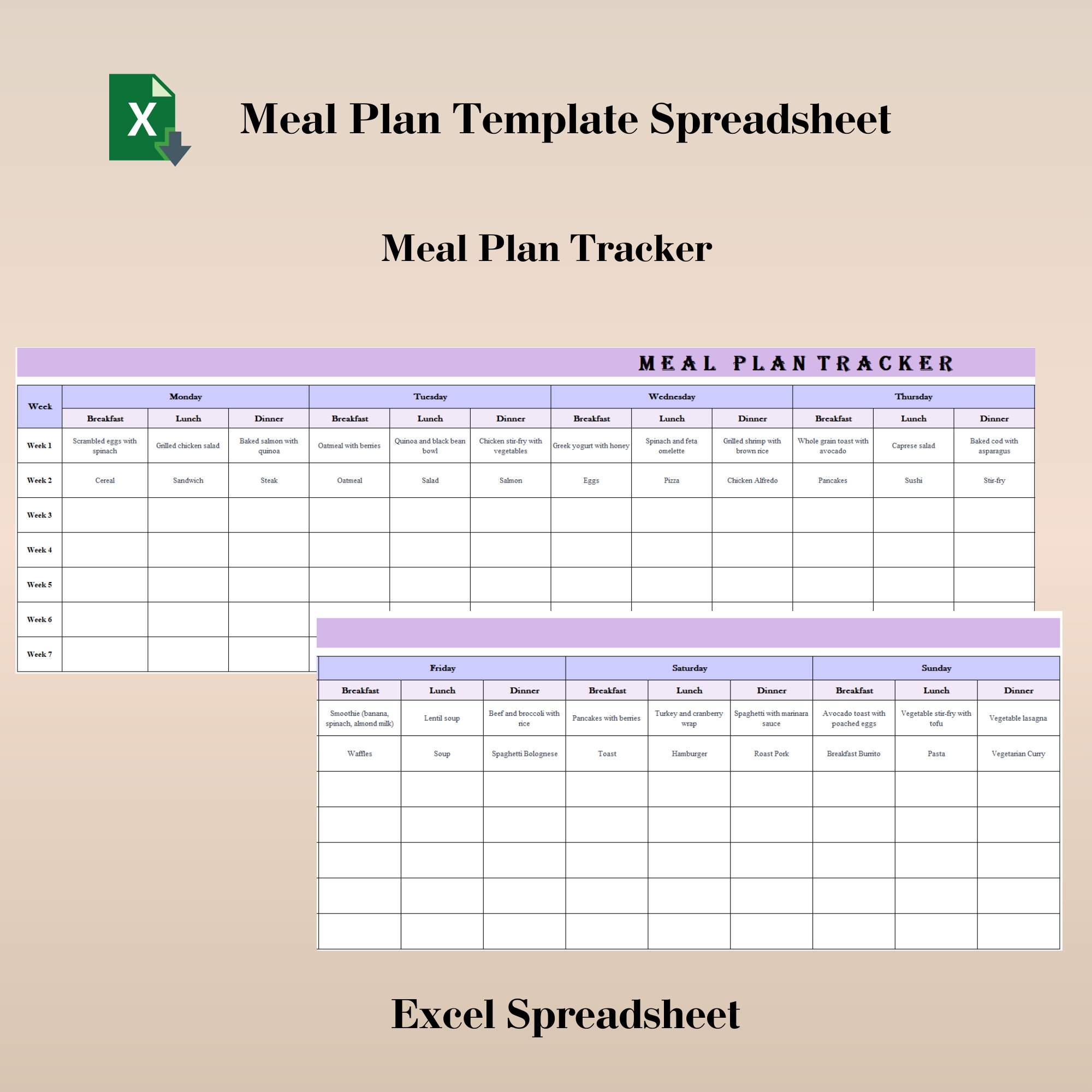 Meal Plan Template Spreadsheet, Weekly Meal Plan Excel, Meal Tracker ...