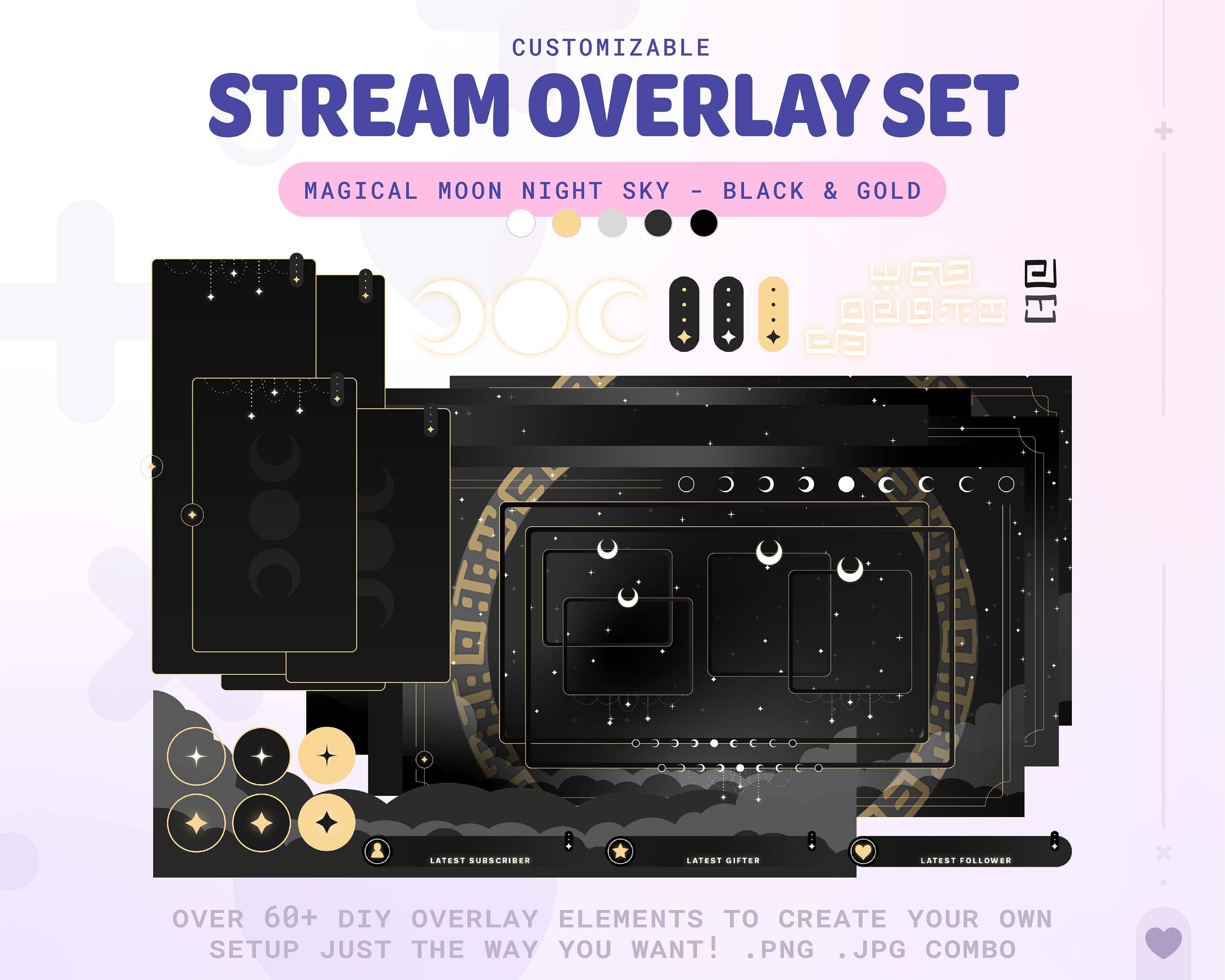 Magical Moon Night Sky Black and Gold Celestial Twitch Overlay Package ...