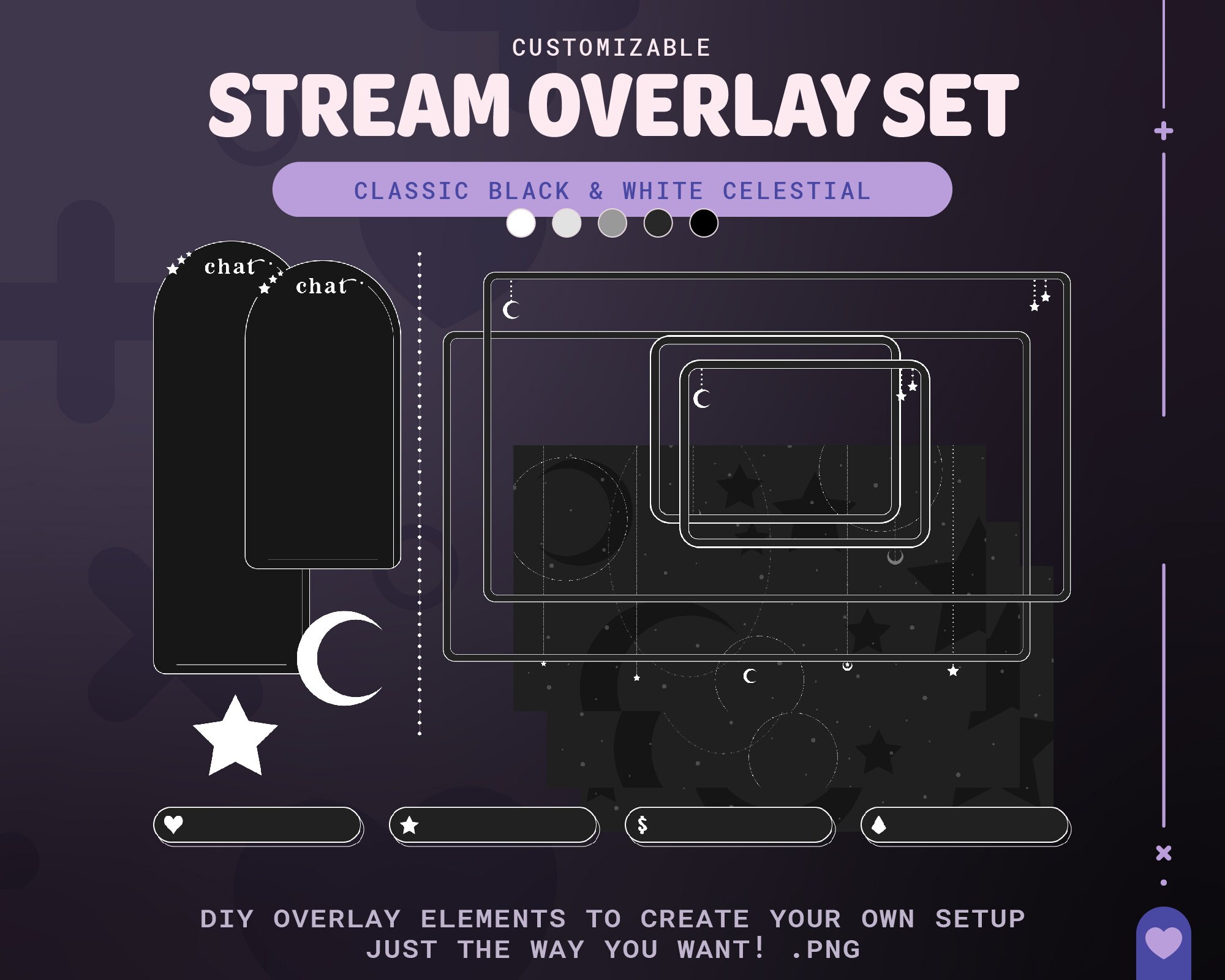 Celestial Twitch Overlay DIY Classic Black and White Theme With Camera & Chat Borders ...