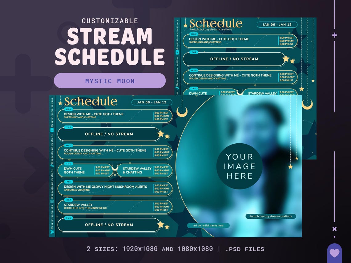 Mystic Moon Customizable Celestial Stream Schedule | 2 Templates | .PSD ...
