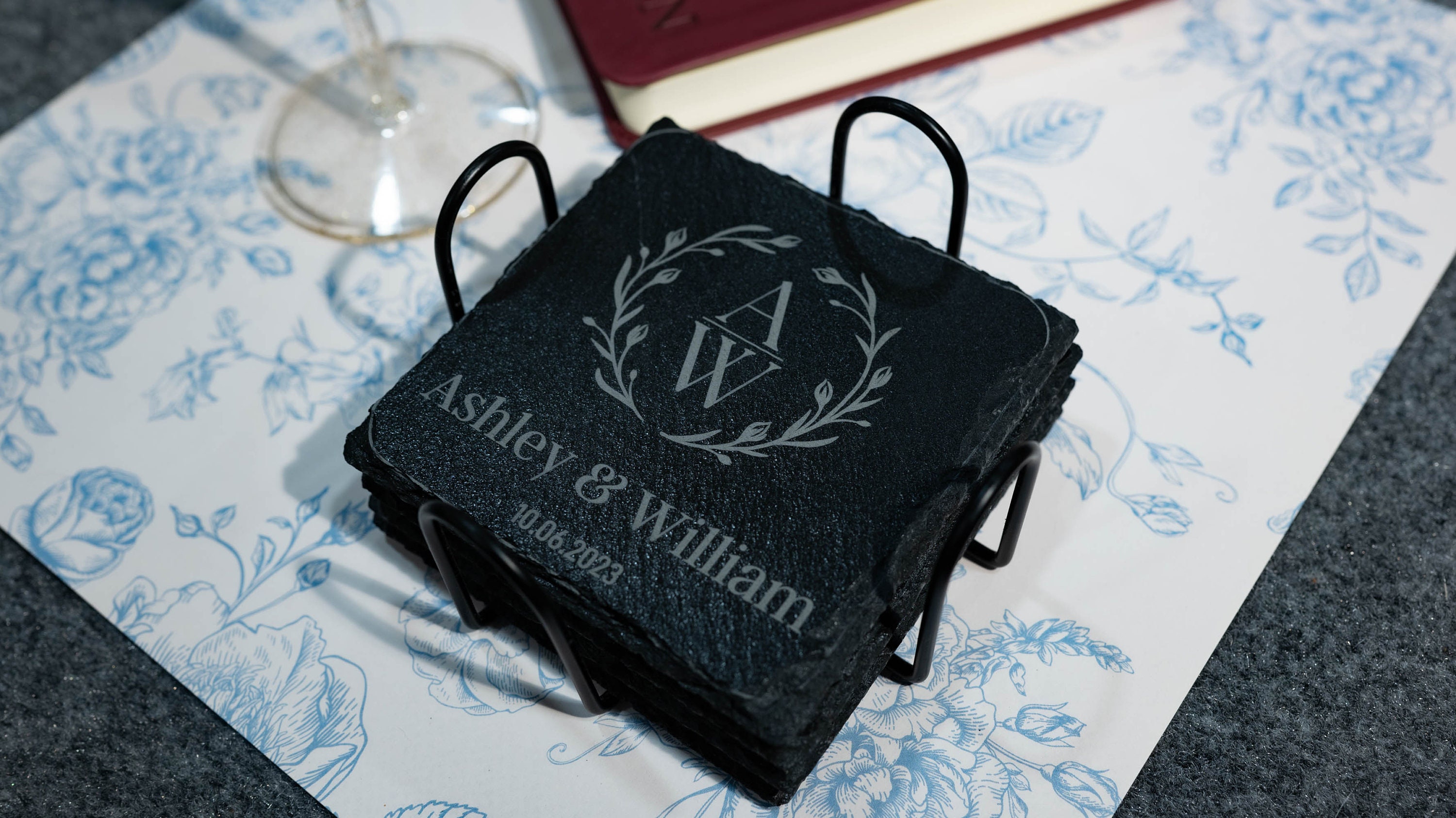 Personalized Slate Coasters With Holder Set of 4 Monogram Coasters for ...