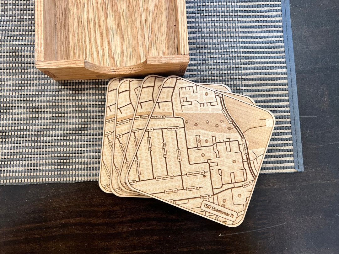 Custom Wood Coasters With Engraved Street Map | Address of Your Choice ...
