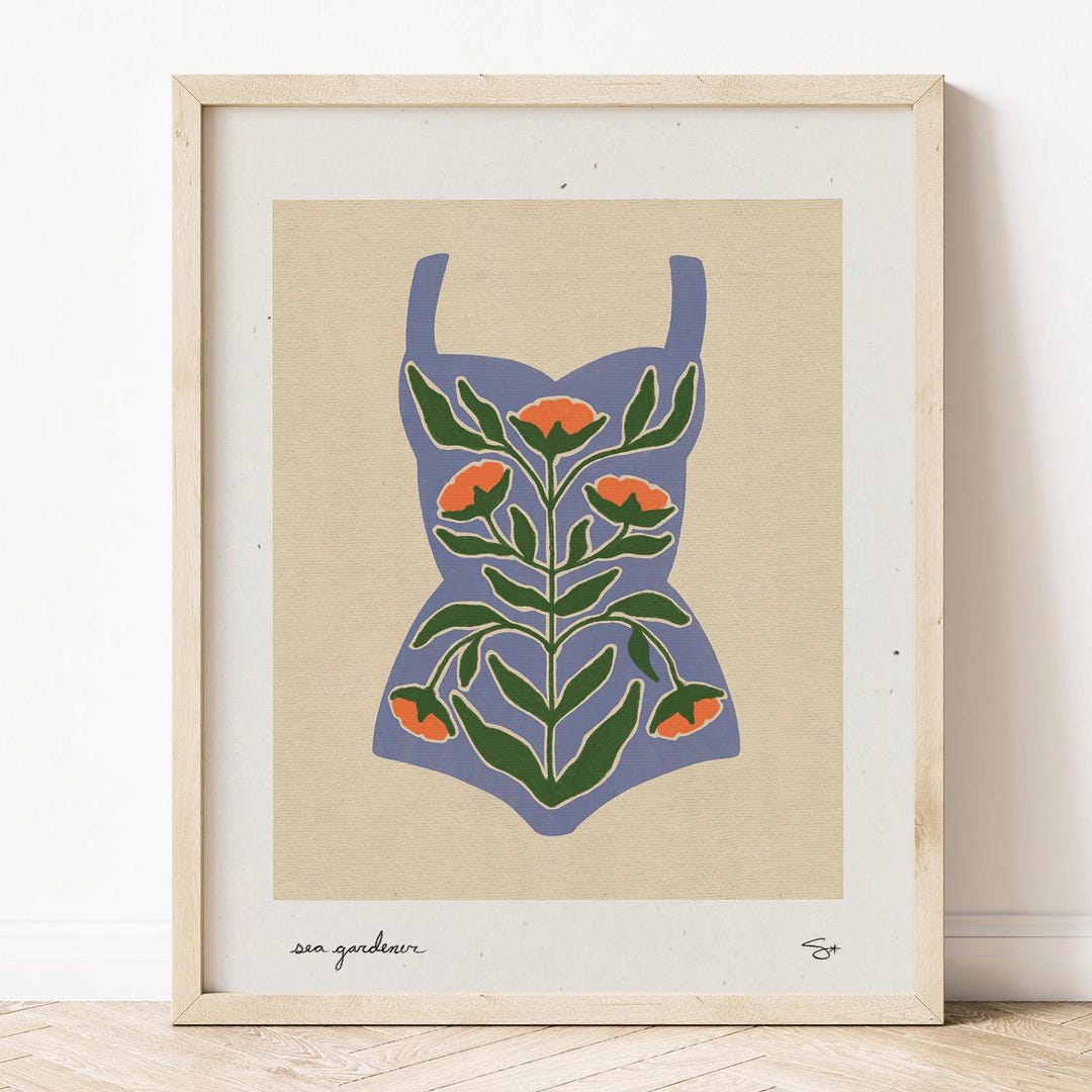 Blue Floral Swimsuit Art Print: Vintage-inspired Ocean Wall Decor - Etsy
