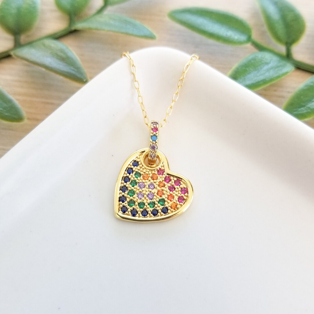Rainbow Heart Pendant Necklace A Gold Heart Pendant With Multi Colored ...