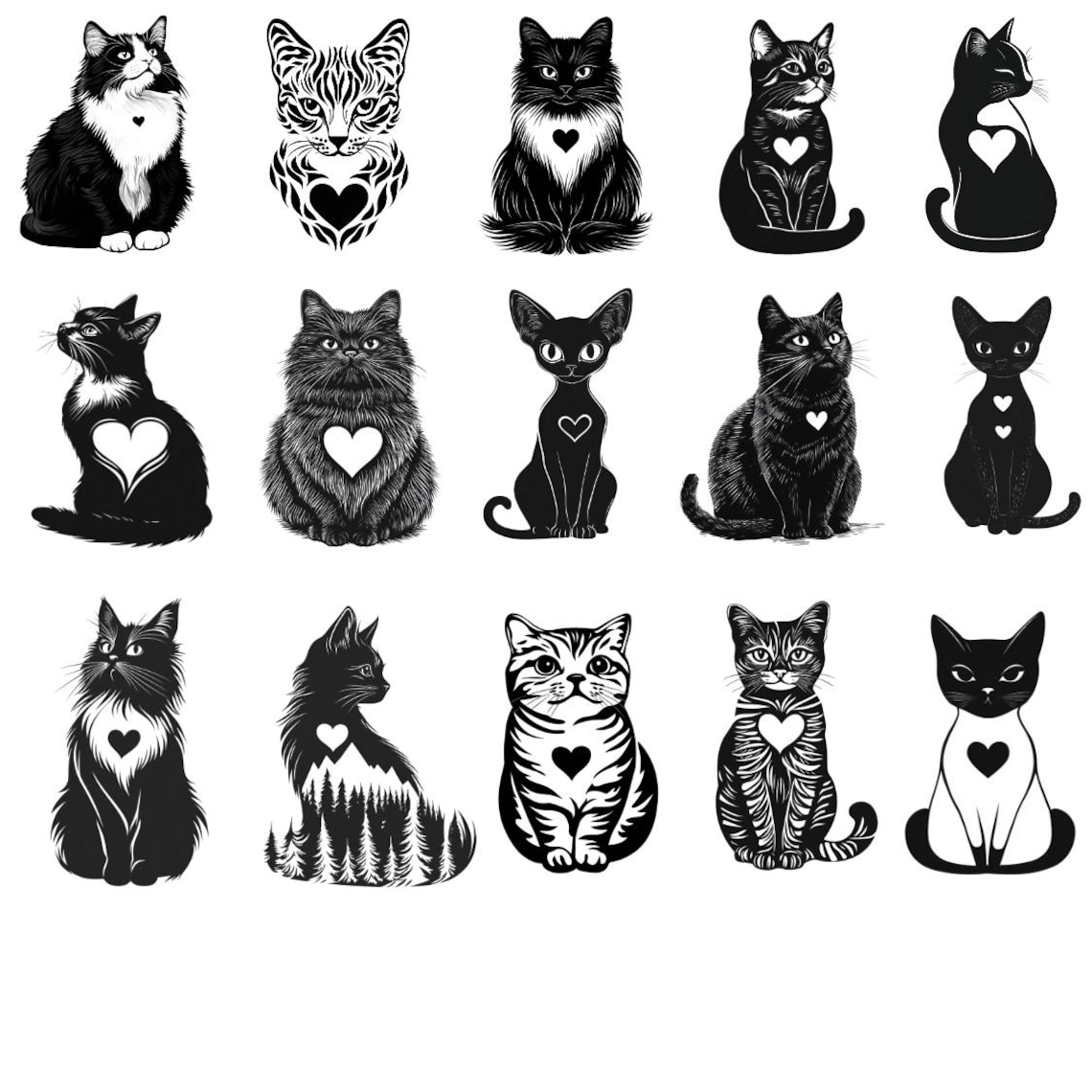 Black and White Cats Line Art Clipart: Digital Download (35 PNG Files ...