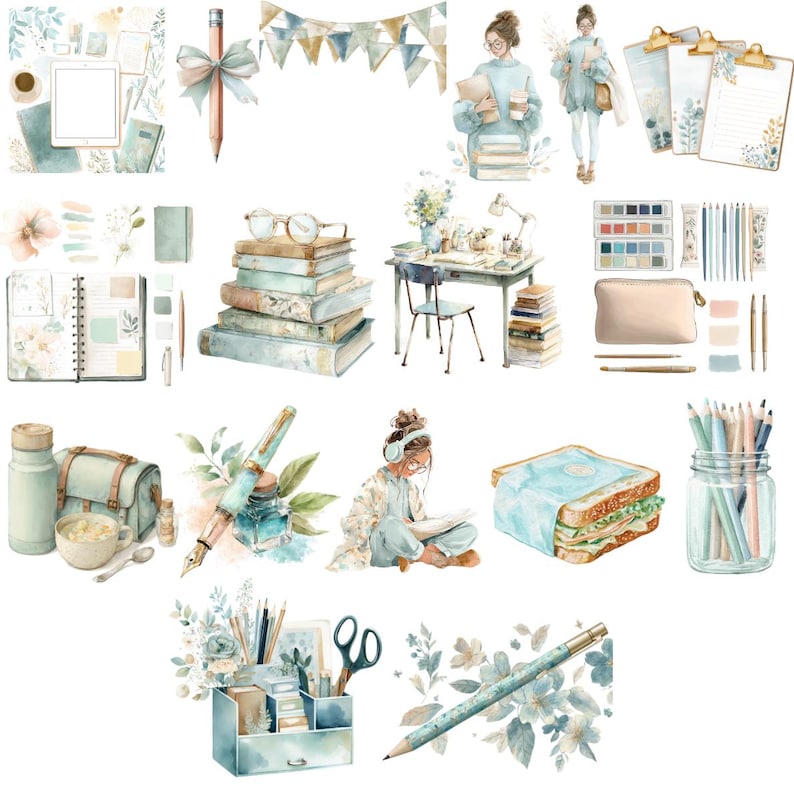 Watercolor Back to School Clipart Bundle: Autumn Pastel PNG (digital ...