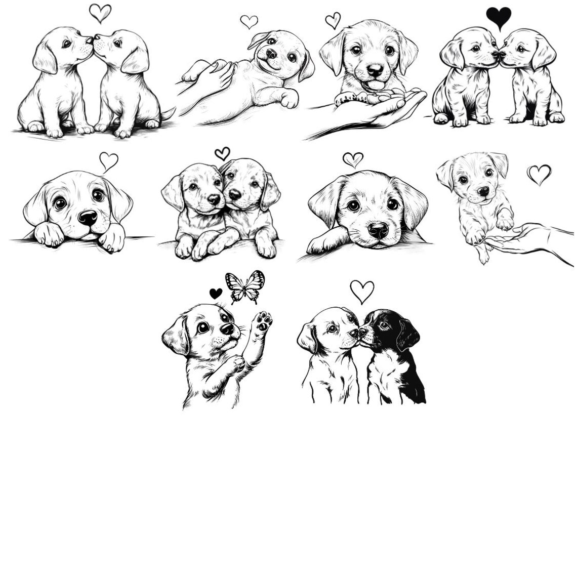 Line Art Puppy Clipart Bundle: Black and White Dog Pngs (digital ...