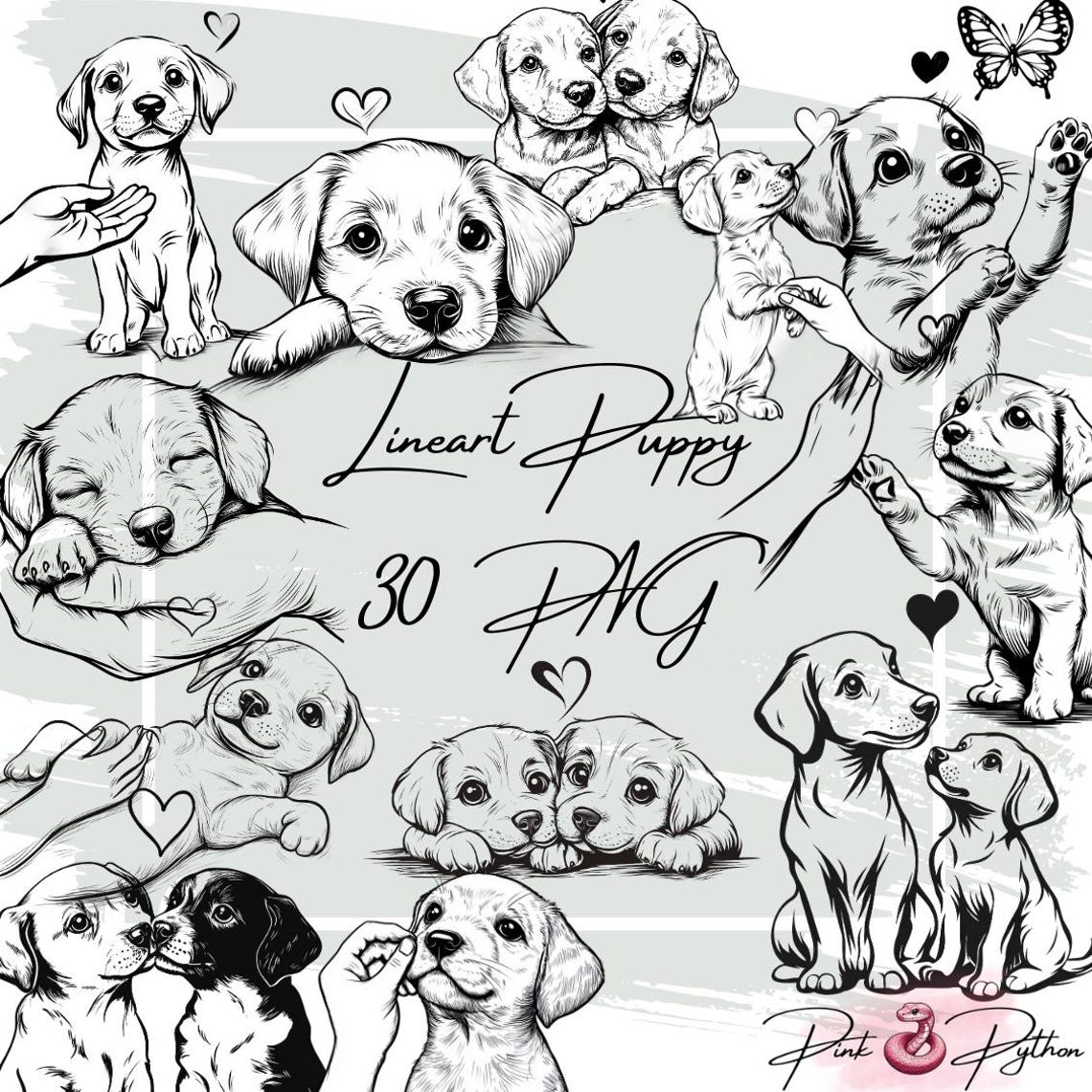 Line Art Puppy Clipart Bundle: Black and White Dog Pngs (digital ...
