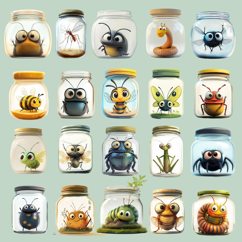 Insects in a Jar Clipart, Bugs Clipart, Quirky Insects Clipart, Funny ...