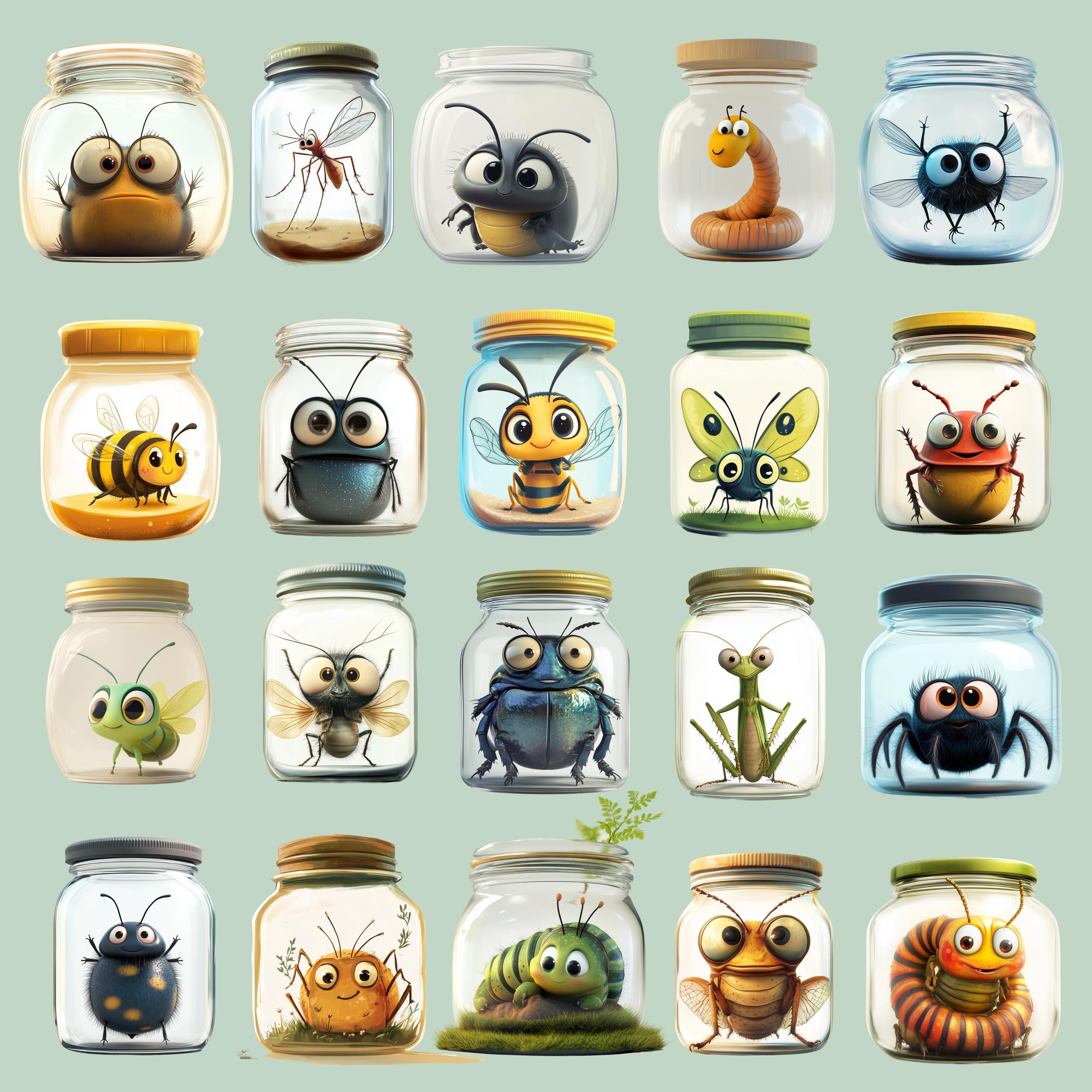 Insects in a Jar Clipart: Funny Cartoon Bugs PNG - Etsy