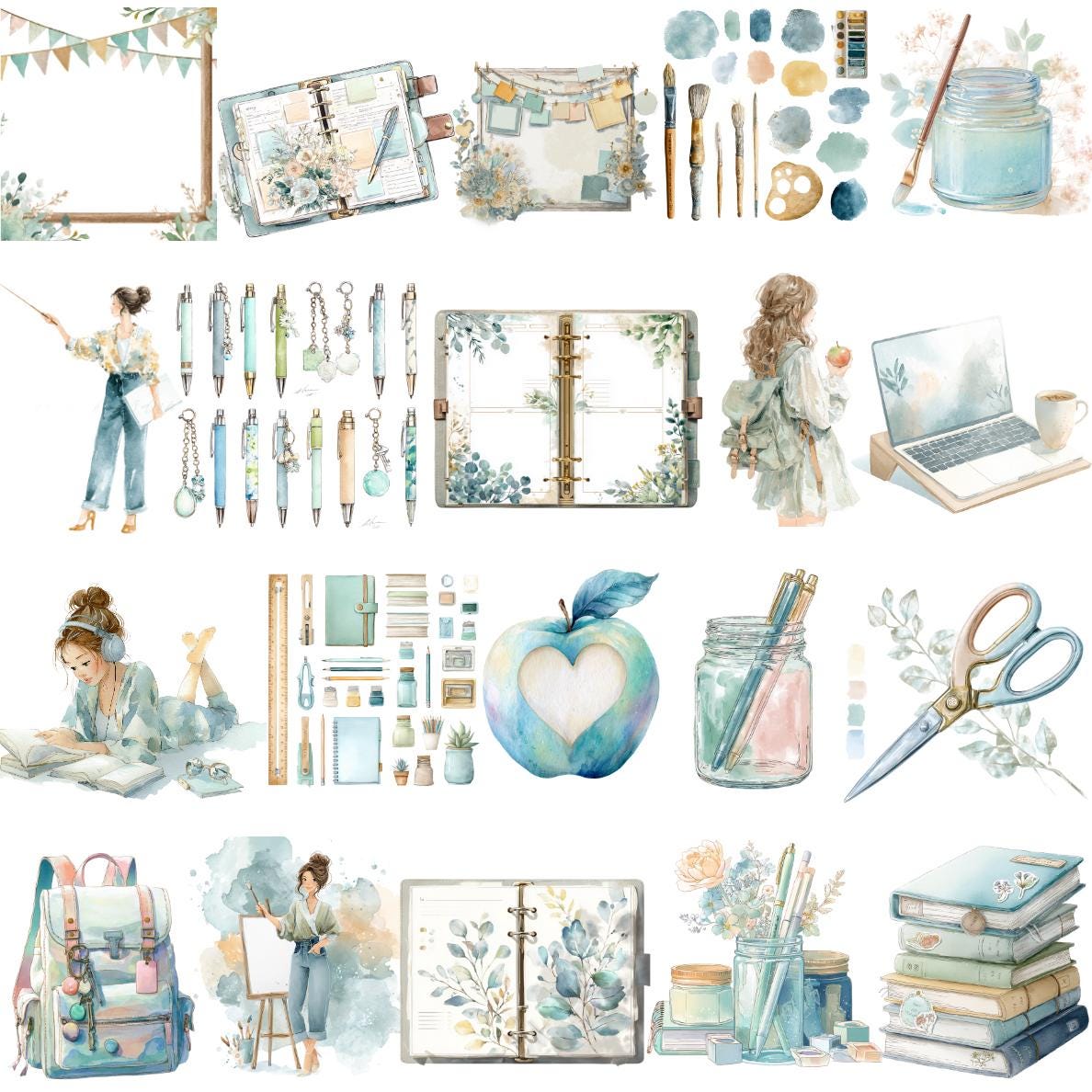 Watercolor Back to School Clipart Bundle: Autumn Pastel PNG (digital ...