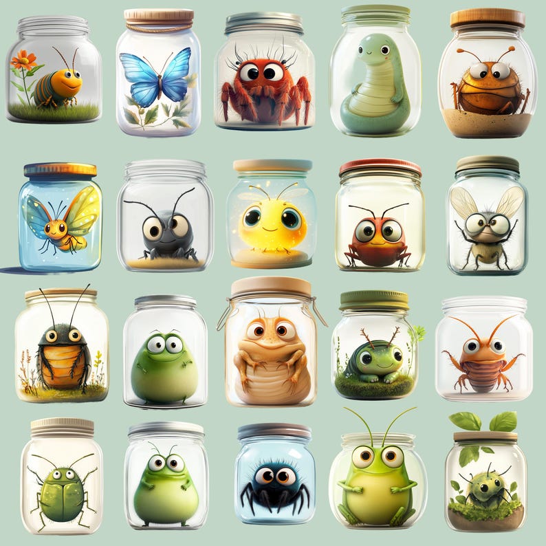 Insects in a Jar Clipart, Bugs Clipart, Quirky Insects Clipart, Funny ...