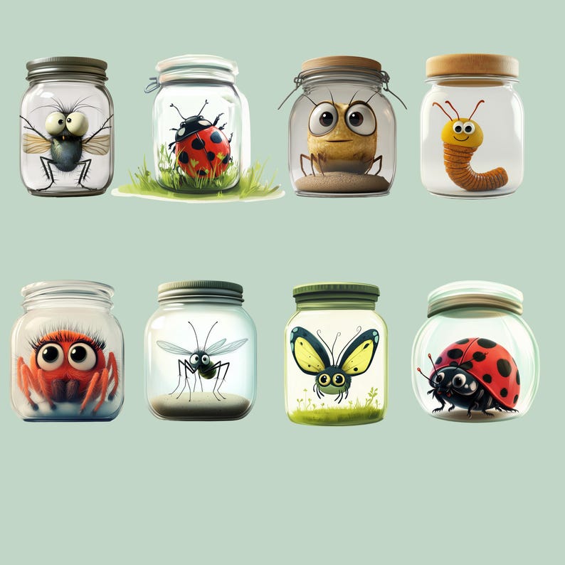 Insects in a Jar Clipart, Bugs Clipart, Quirky Insects Clipart, Funny ...