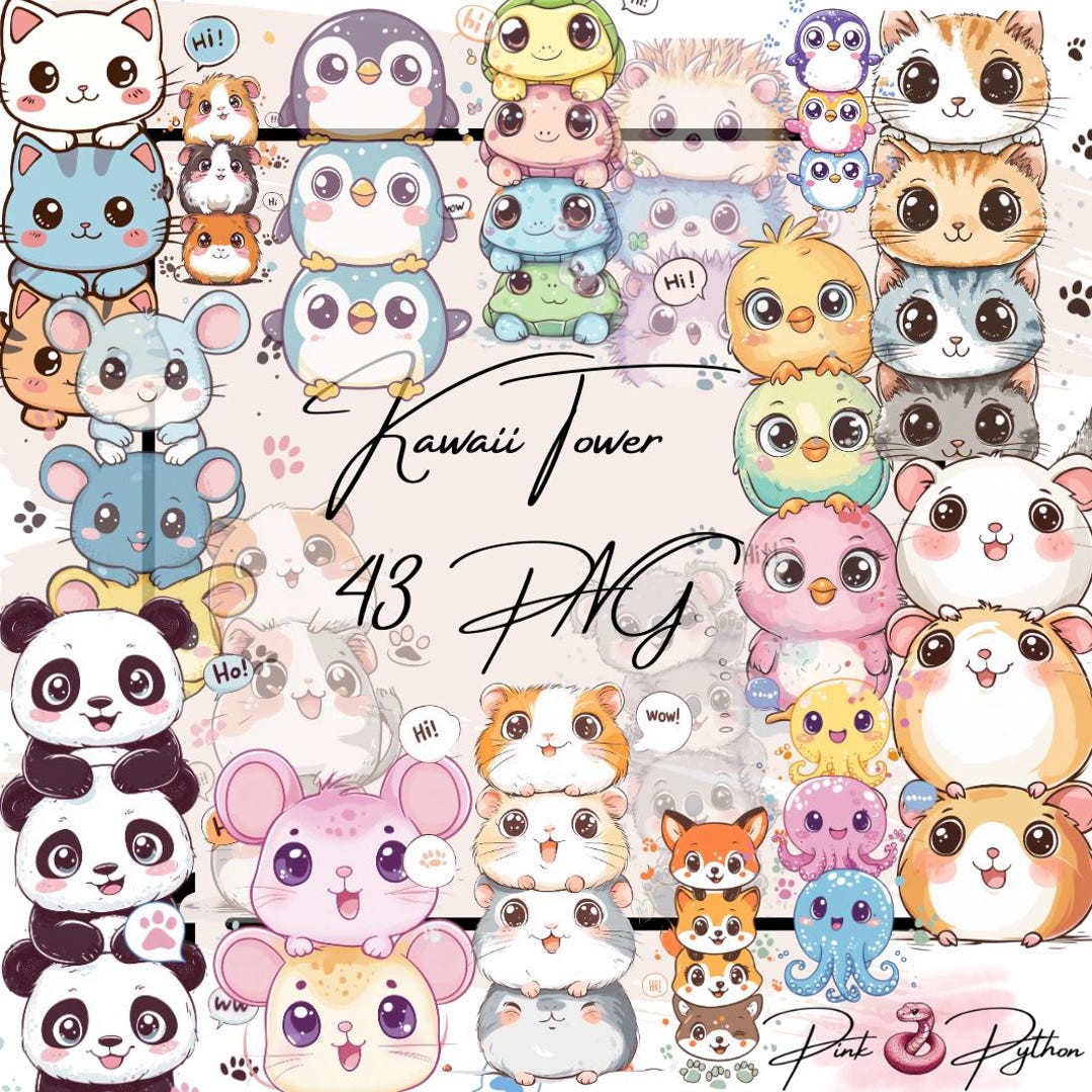 Cute Kawaii Tower Clipart, Baby Animals Clipart, Watercolor Kawaii Pets ...