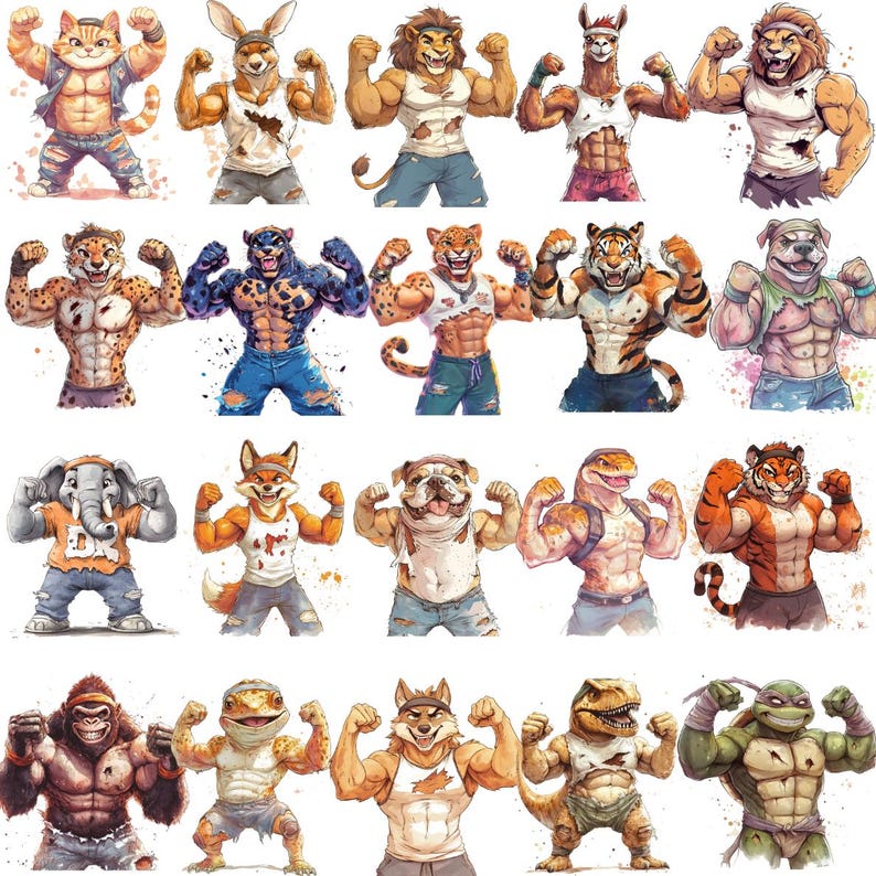 Muscular Gym Animals Clipart, Watercolor Bodybuilder Pets Clipart ...
