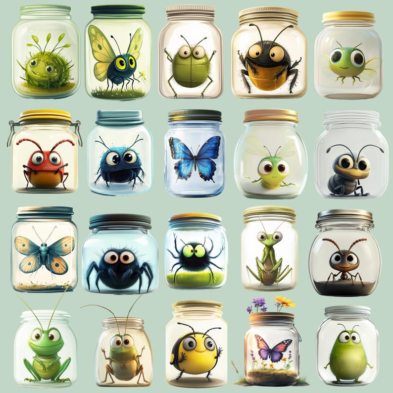 Insects in a Jar Clipart, Bugs Clipart, Quirky Insects Clipart, Funny ...