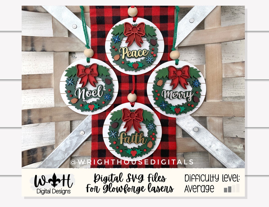 Layered Christmas Word Wreath Ornament Set - Faith Merry Peace Noel ...