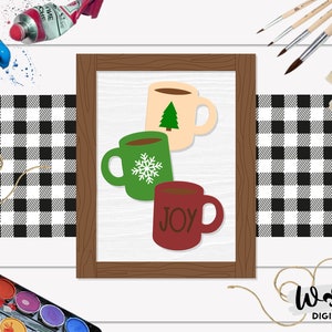 Joy Stacked Coffee Mugs Farmhouse Frame Sign - Christmas Tiered Tray ...