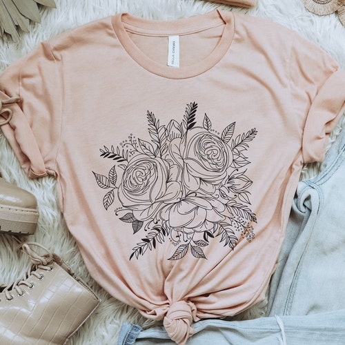 Floral T Shirt Line Art Shirt Rose T-shirt Flower Bouquet | Etsy