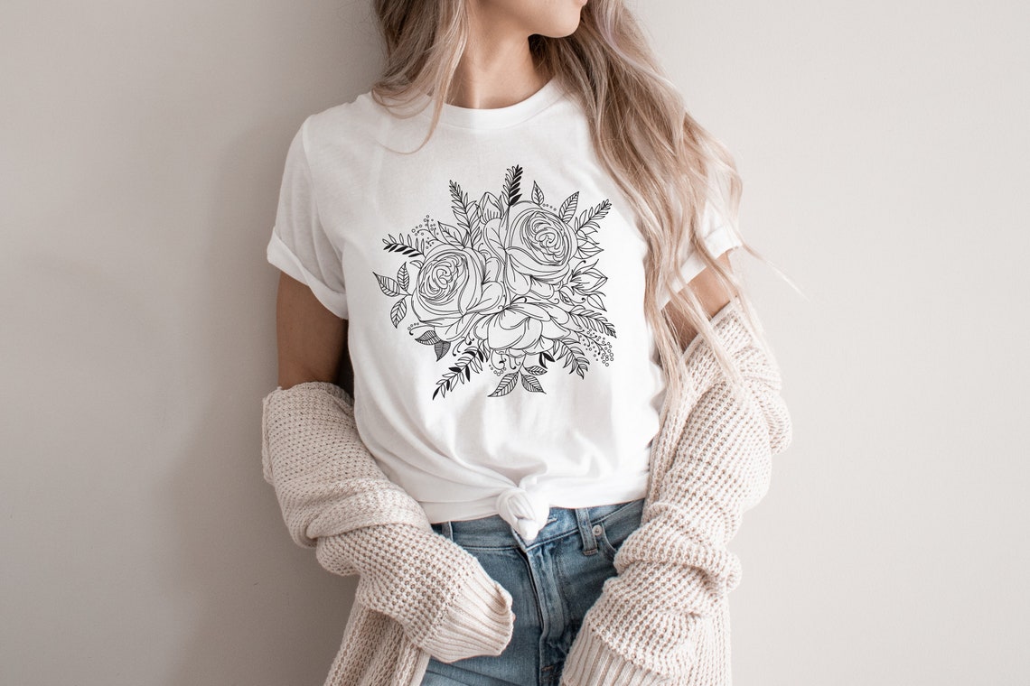 Floral T Shirt Line Art Shirt Rose T-shirt Flower Bouquet | Etsy