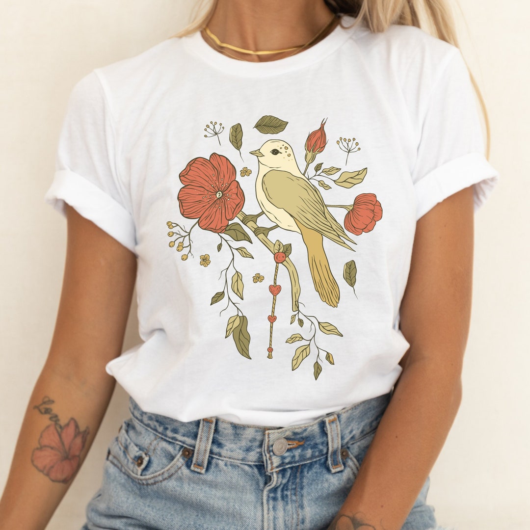 Bird With Flowers Shirt, Floral Tshirt, Cottagecore Shirt, Bird Shirt ...