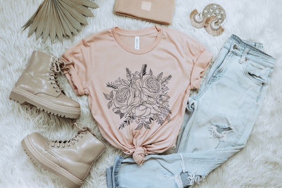 Floral T Shirt Line Art Shirt Rose T-shirt Flower Bouquet | Etsy