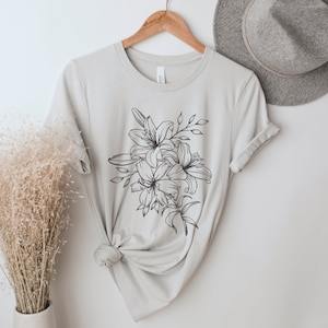 Lily Flowers Shirt, Floral Graphic Tee, Lily Bouquet Tshirt, Line Art ...