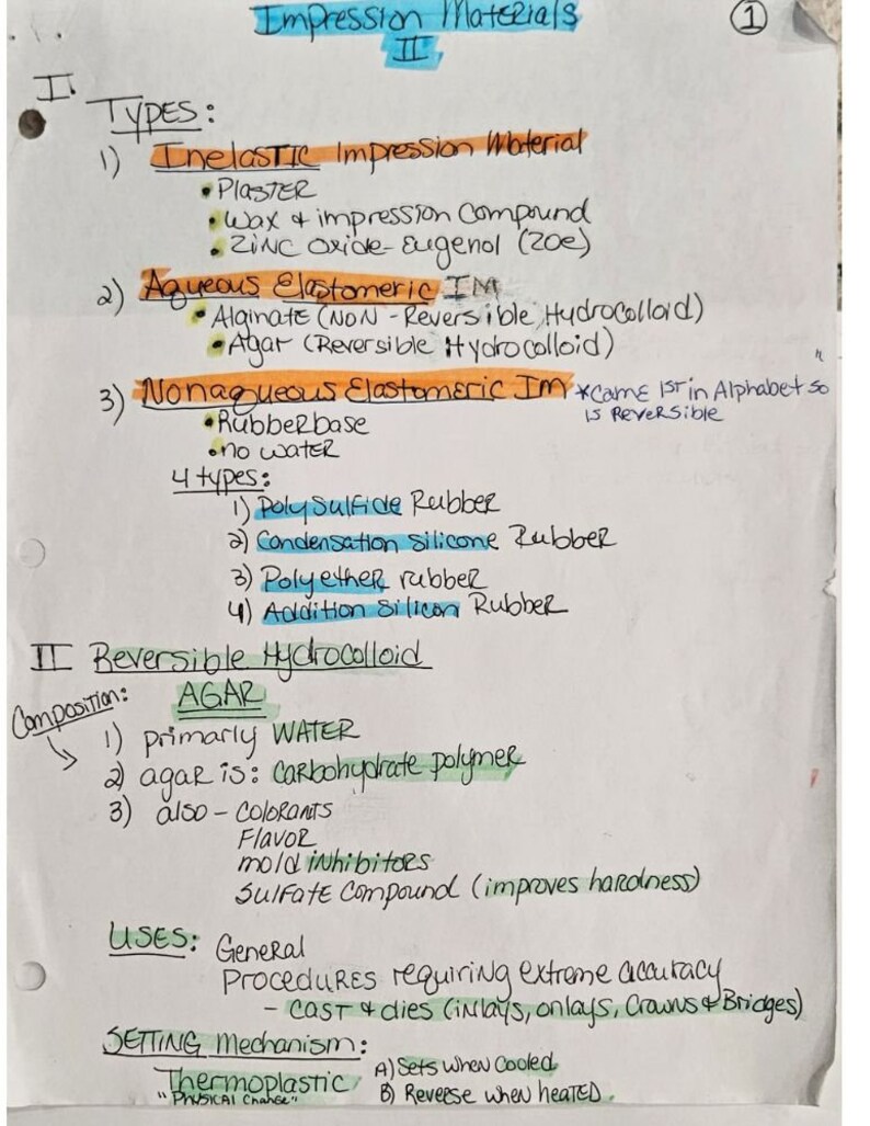 Dental Materials I & II (dental Hygiene Study Notes, Charts, and ...