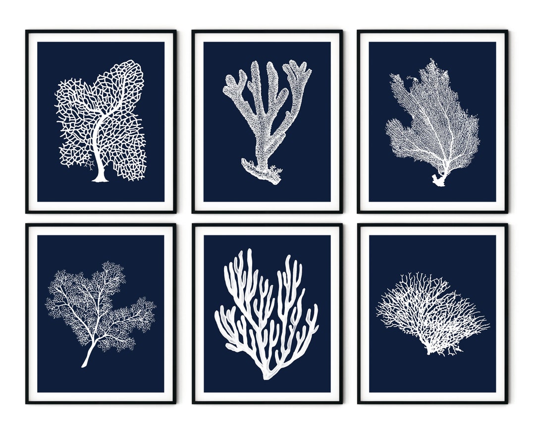 Navy Blue Coral Prints Set of 6 - Navy Blue Sea Coral Prints, Nautical ...