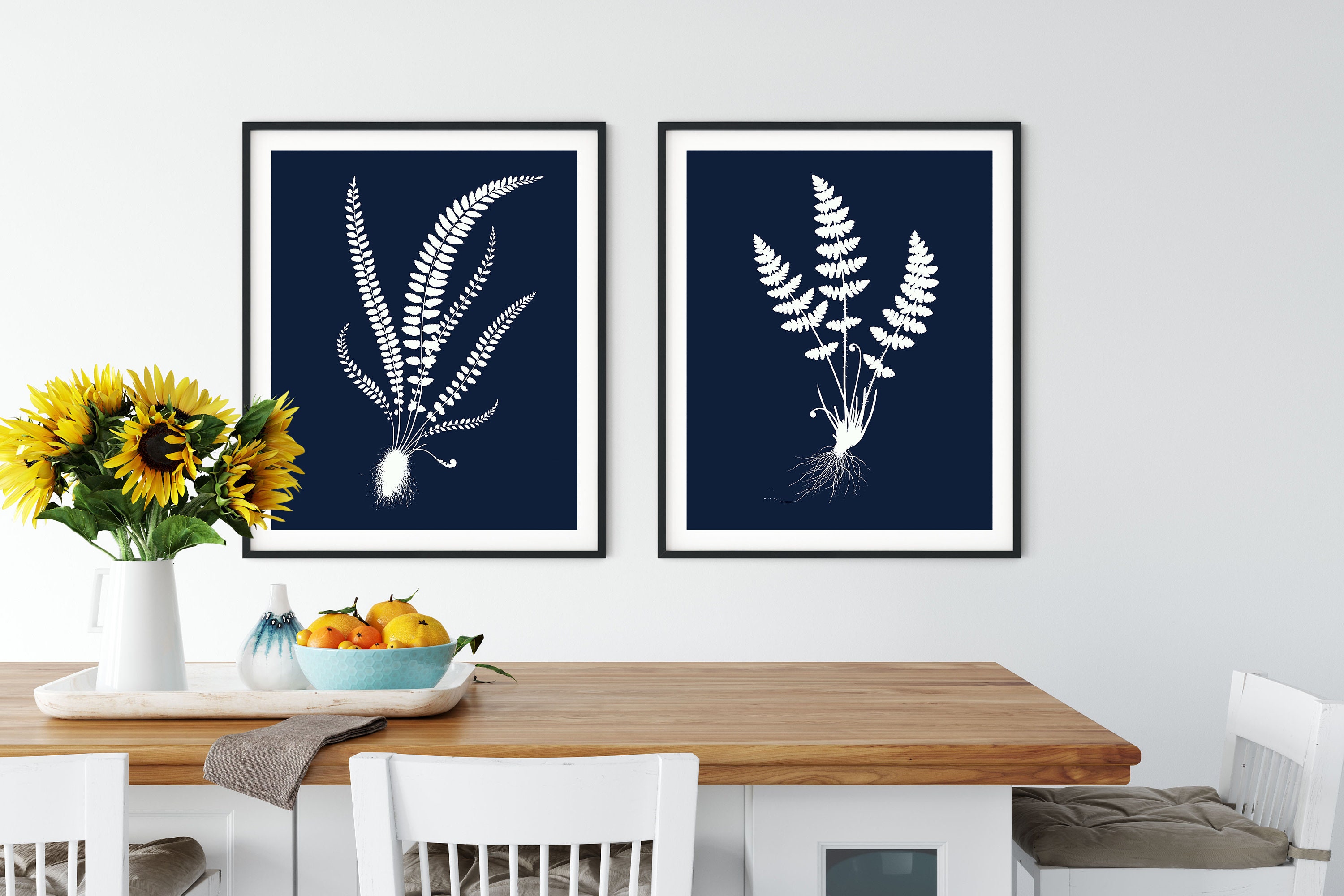 Navy Blue Fern Prints Set of 2 Watercolor Fern Decor - Etsy