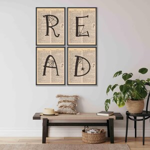 Vintage Book Read Sign Wall Art Set of 4 - Reading Decor, Library Wall ...