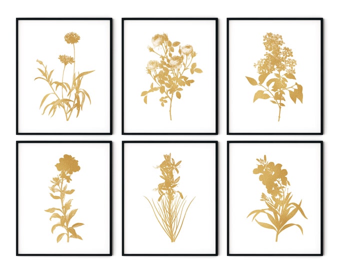 Gold Botanical Art Prints, Printable Wall Art, Set of 6, Gold Floral ...