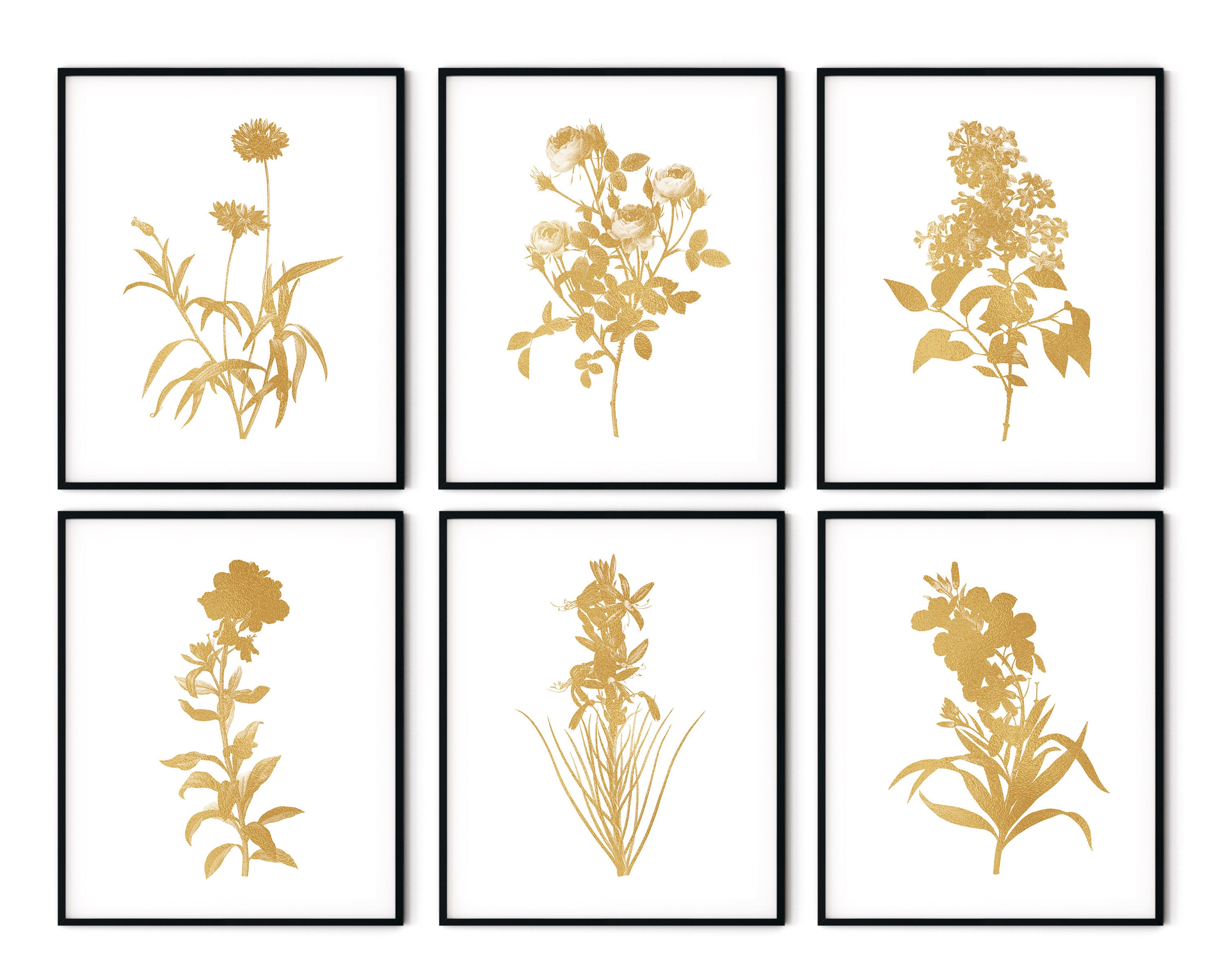 Gold Flower Print Set of 6 Flower Wall Art Gold Botanical - Etsy