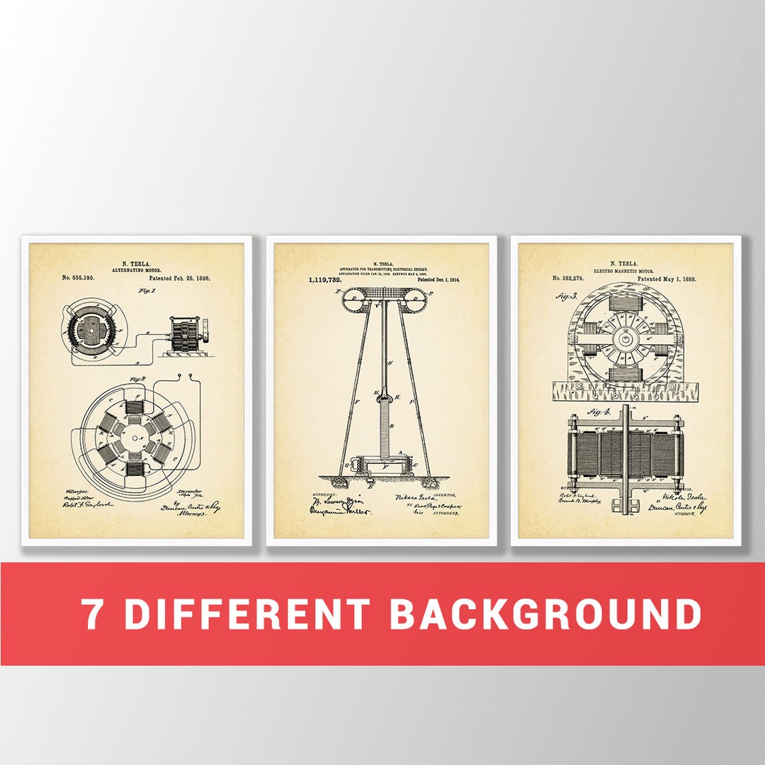 Tesla Patent Prints Set of 3 Tesla Wall Art, Tesla Wall Decor ...