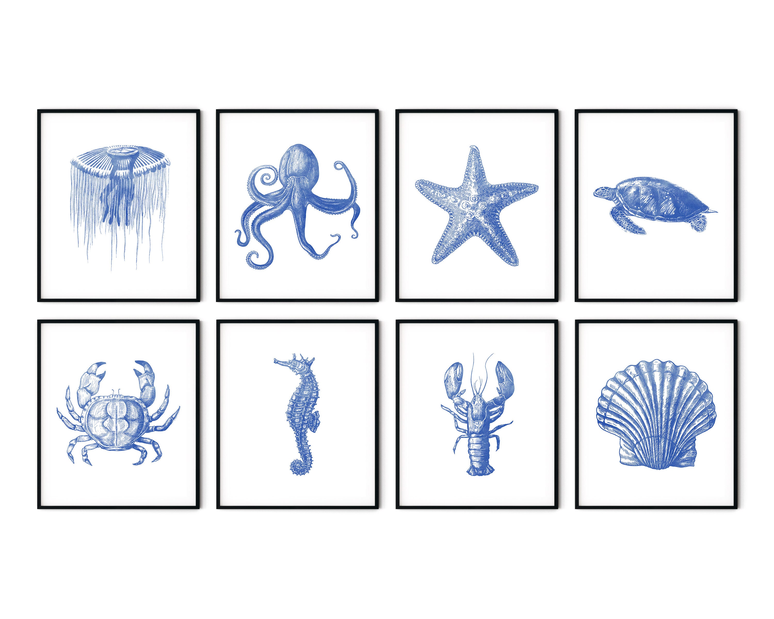 Blue Nautical Prints Set of 8 Nautical Art Coastal Decor - Etsy
