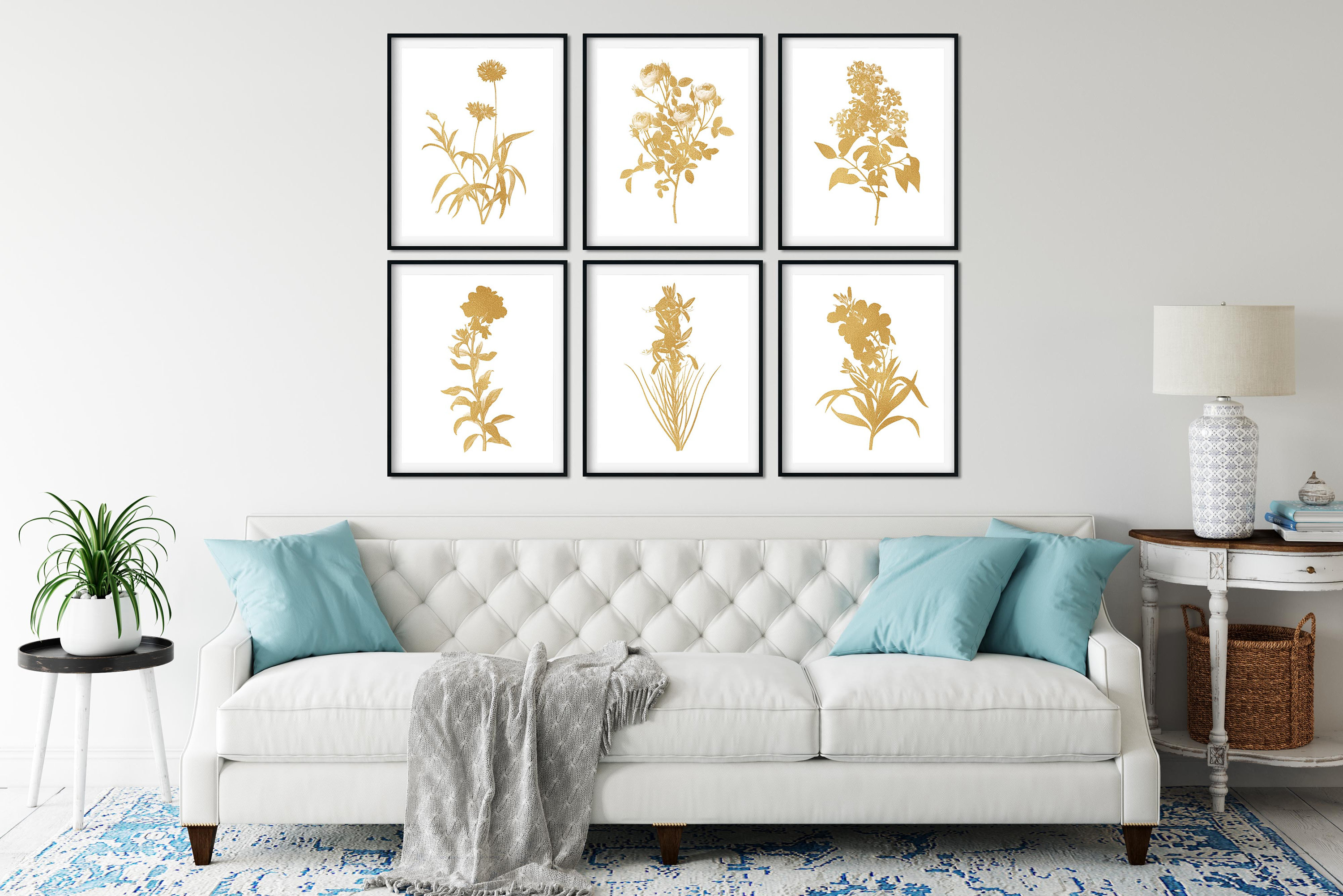 Gold Flower Print Set of 6 Flower Wall Art Gold Botanical | Etsy