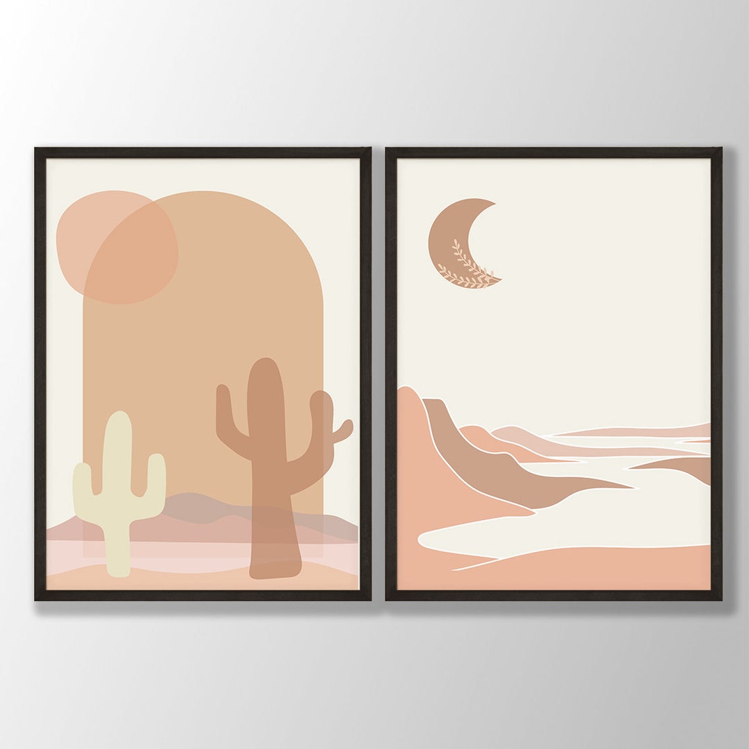 Boho Desert Landscape Print Set: Sun, Moon, Cactus Wall Art - Etsy