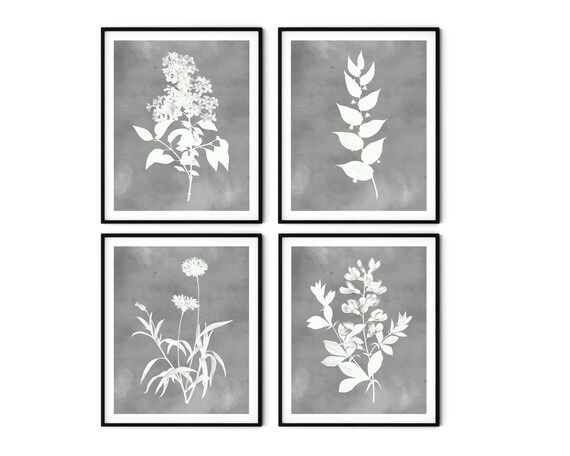 Gray Watercolor Flower Print Set of 4 Botanical Wall Art | Etsy