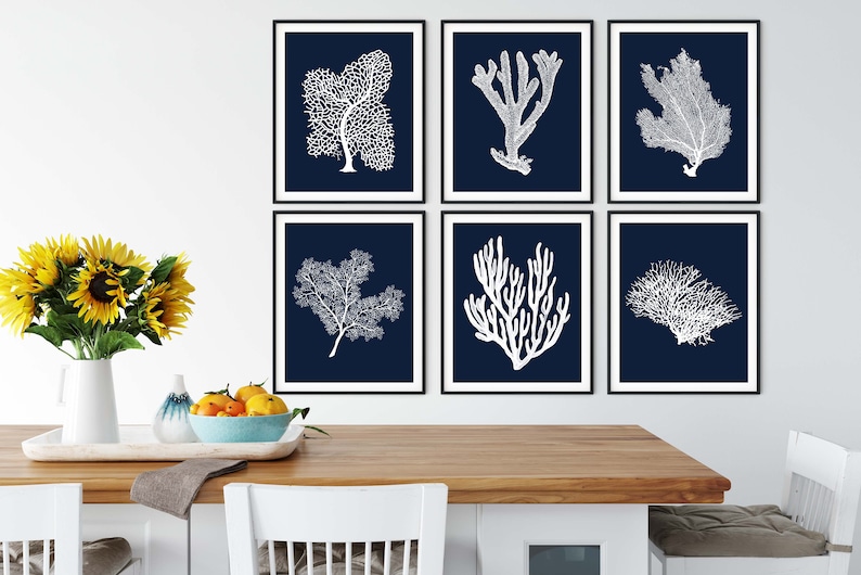 Navy Blue Coral Prints: Coastal Nautical Art Set of 6 - Etsy