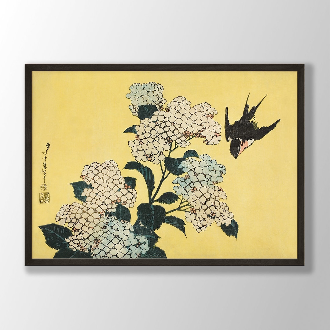 Japanese Flower Art Print | Hydrangea and Swallow, Hokusai Print ...