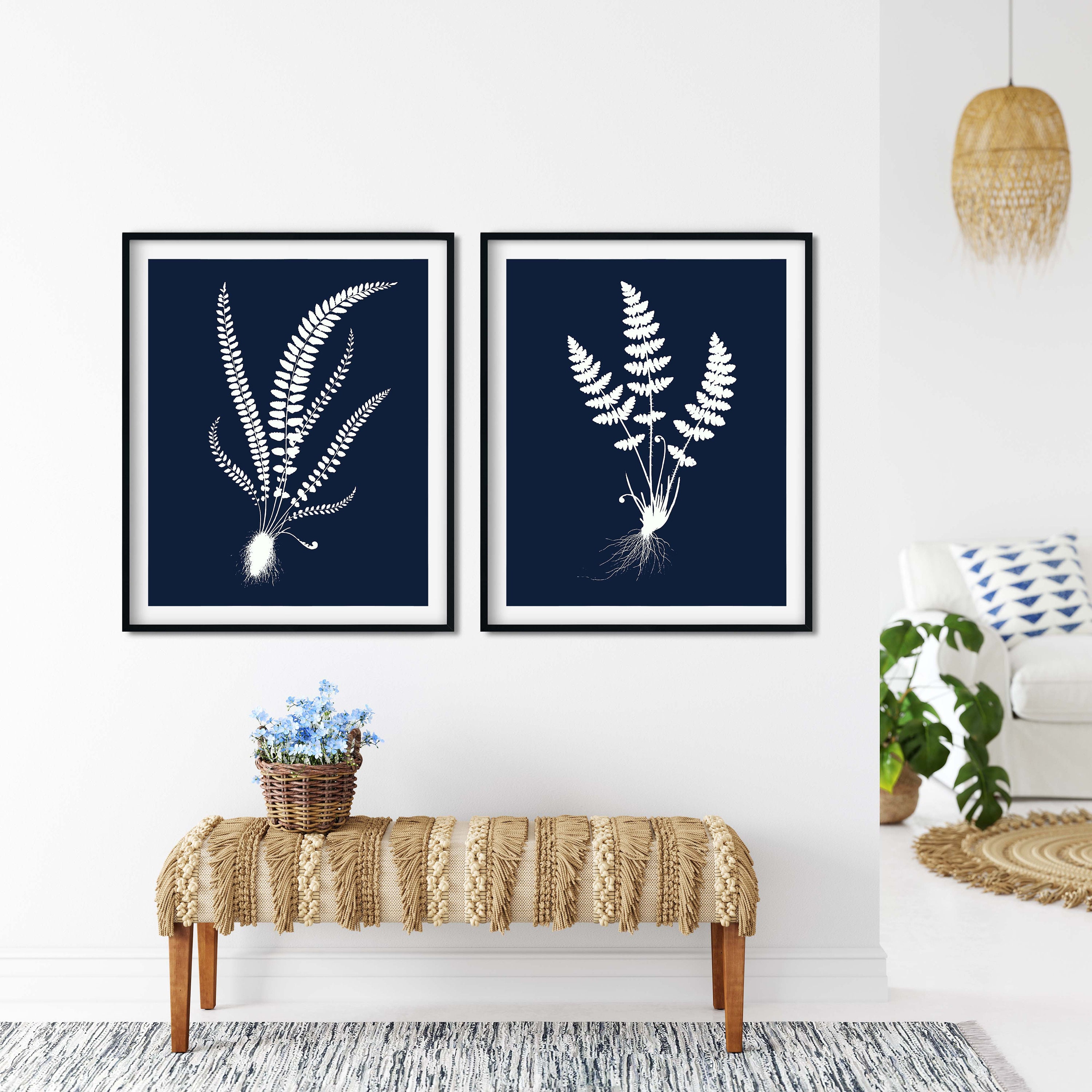 Navy Blue Fern Prints Set of 2 Watercolor Fern Decor - Etsy